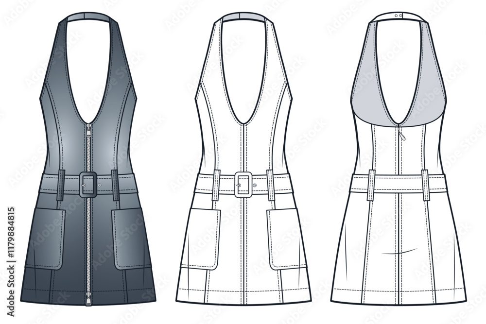 Halter Neck Dress technical fashion Illustration. Denim mini Dress ...