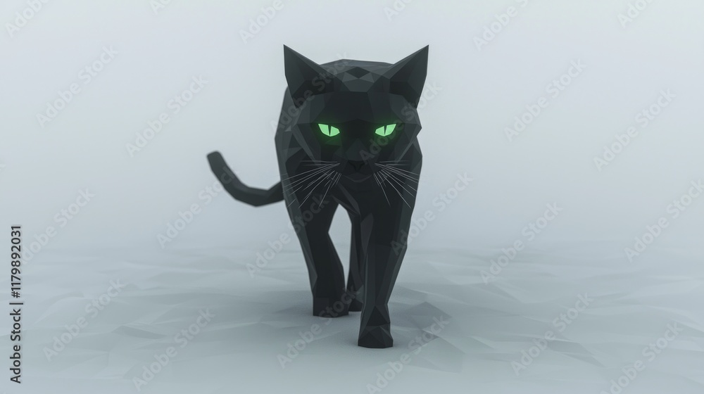 Mystical Low-Poly Black Cat with Glowing Emerald Eyes on Subtle Grey ...