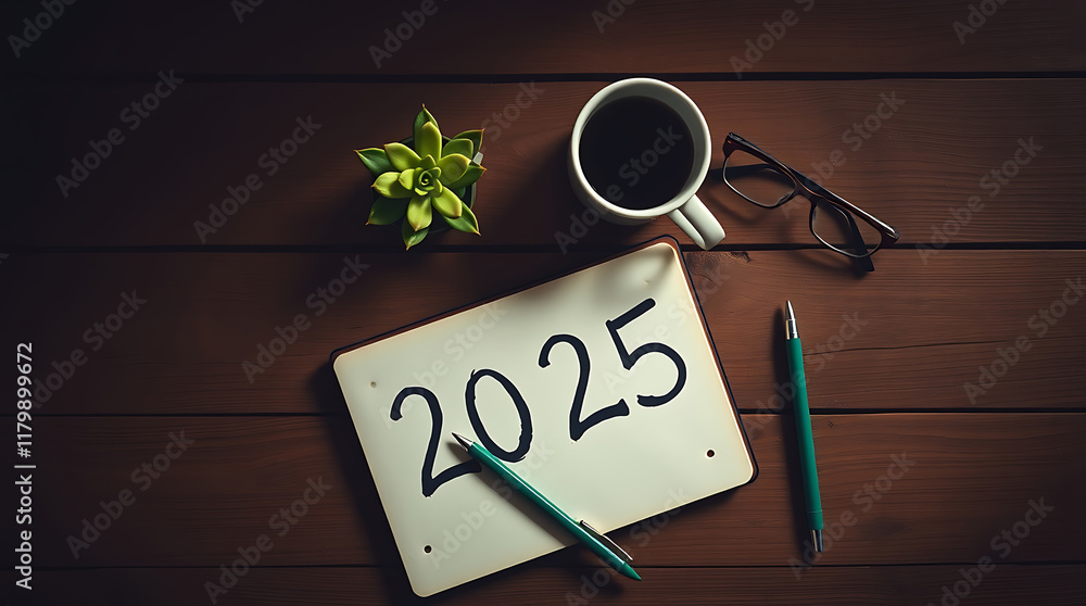 New year resolutions 2025 on desk. 2025 resolutions list with notebook ...