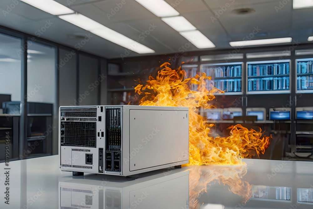 Computer hot heat explosion broke with fire flame conflagration damage ...