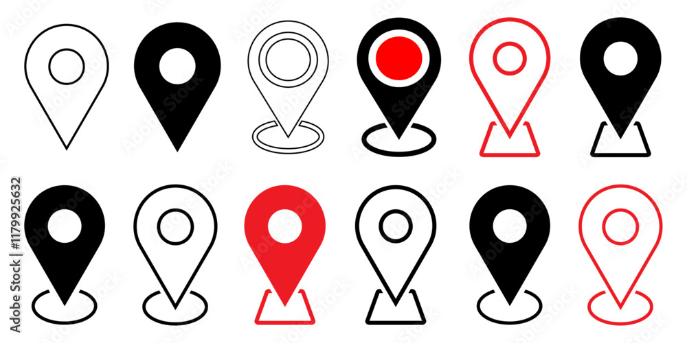 location icon set map pointer pin sign symbol red black outline ...