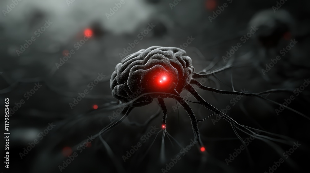 Illuminated brain, red light symbolizes focused idea generation and ...