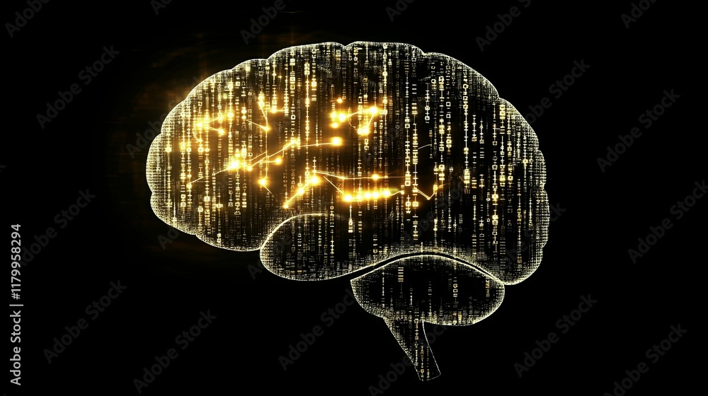 Black background with a glowing AI brain icon and binary code patterns ...