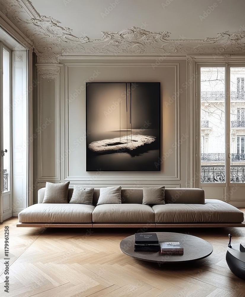 Minimalist living room, large arched windows, natural light, wooden ...