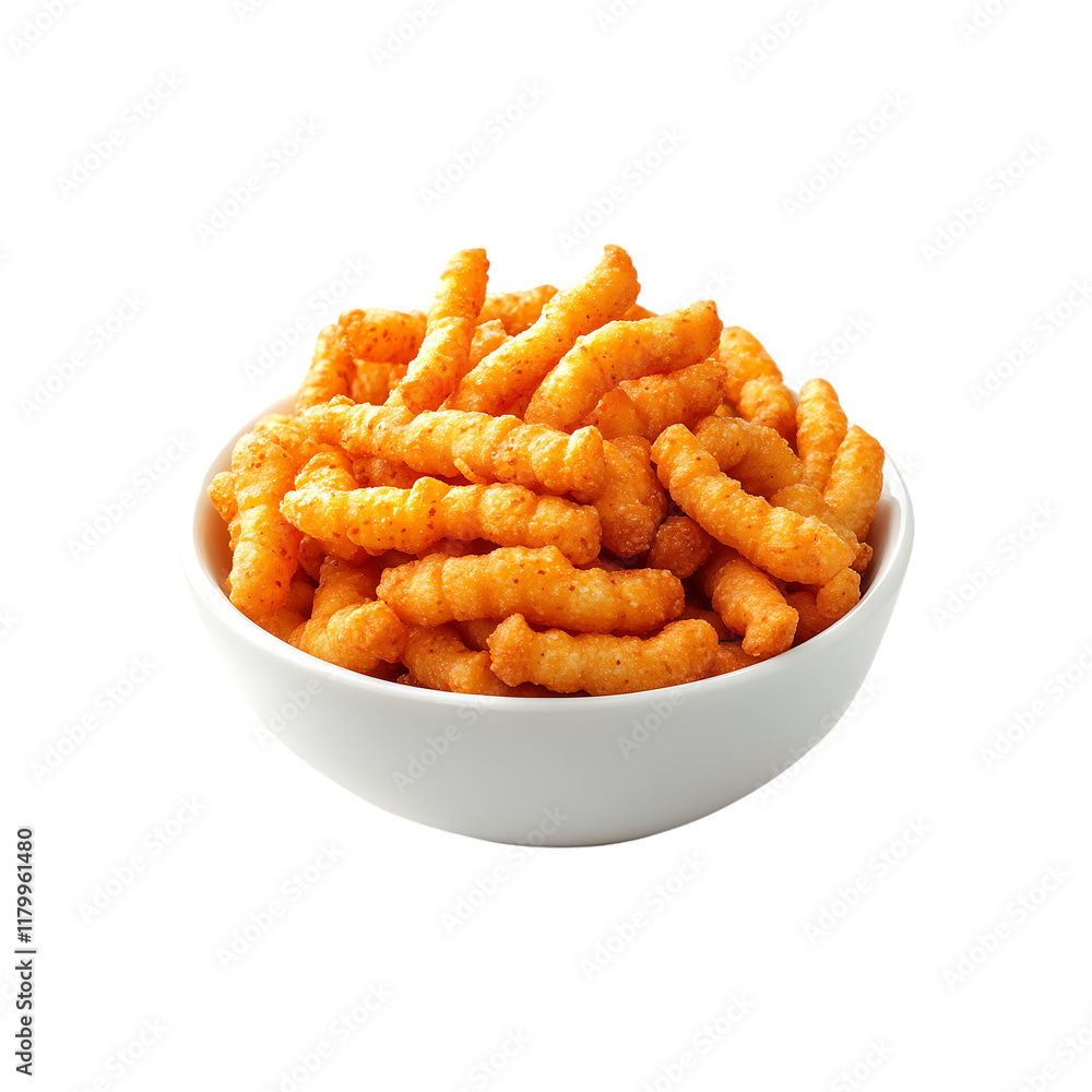 Fresh kurkure snacks in a white bowl isolated on a transparent ...