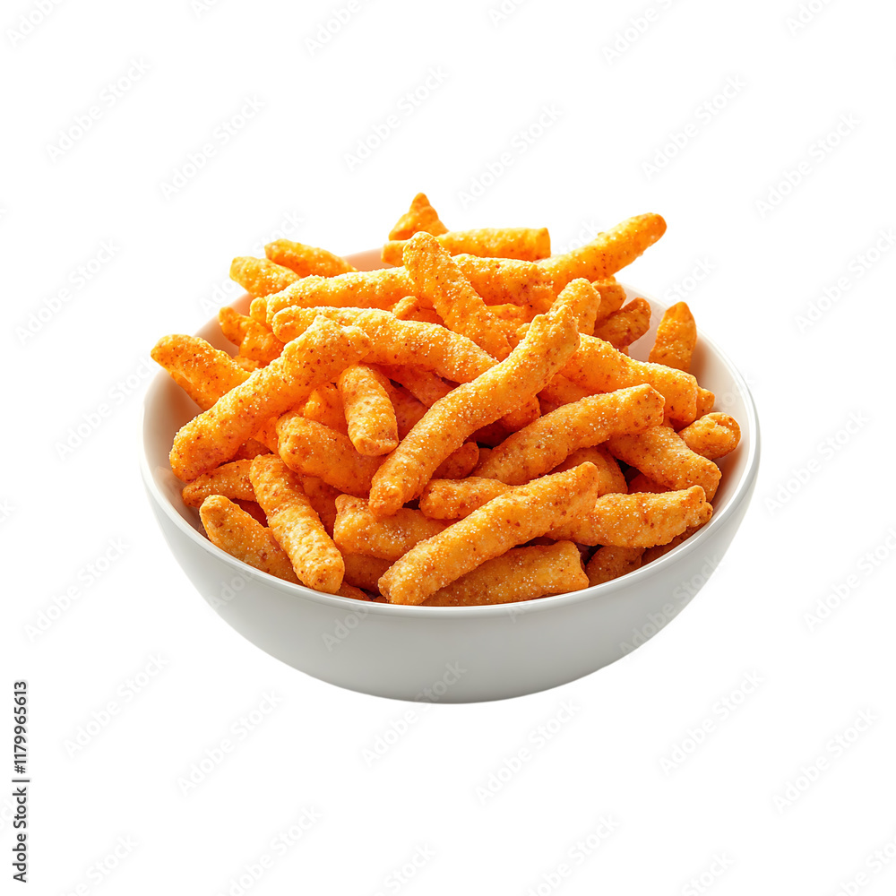 Fresh kurkure snacks in a white bowl isolated on a transparent ...