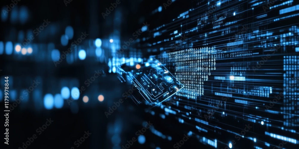 Digital technology, binary code stream, glowing blue data, futuristic interface, abstract cyber ...