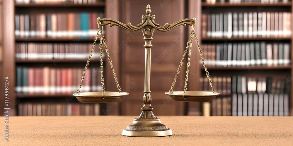 A brass balance scale used as a symbol of justice, set against a ...