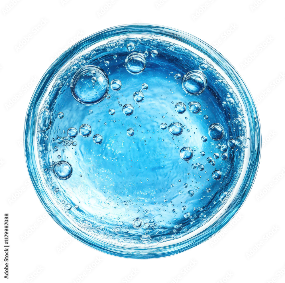 Bubbling blue serum sample swatch in round container laboratory high ...