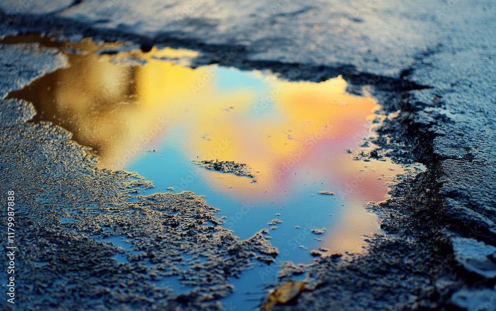Puddle of crude oil from oil spill on the ground, oil spill, pollution ...