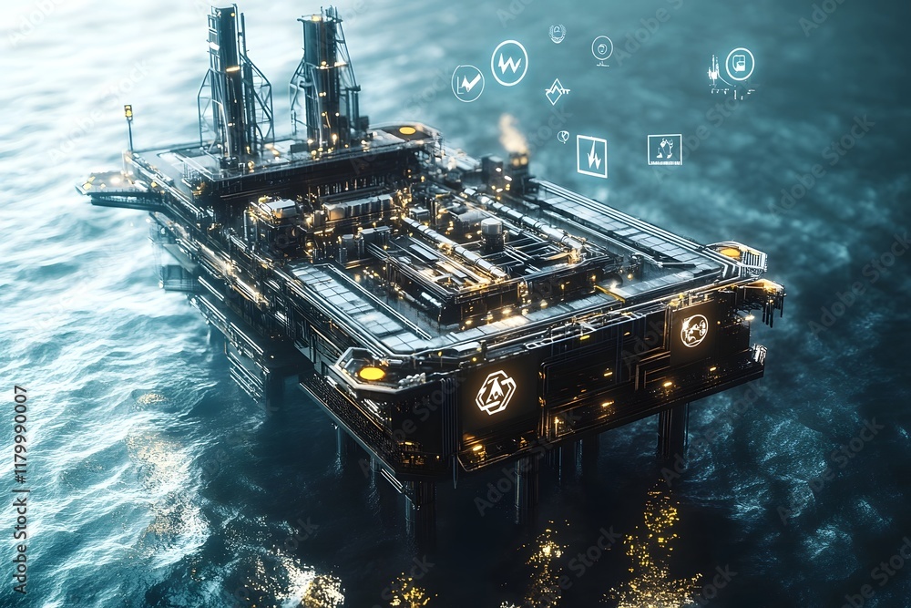 High Tech Underwater Oil Platform Plan with Floating Energy Icons on ...