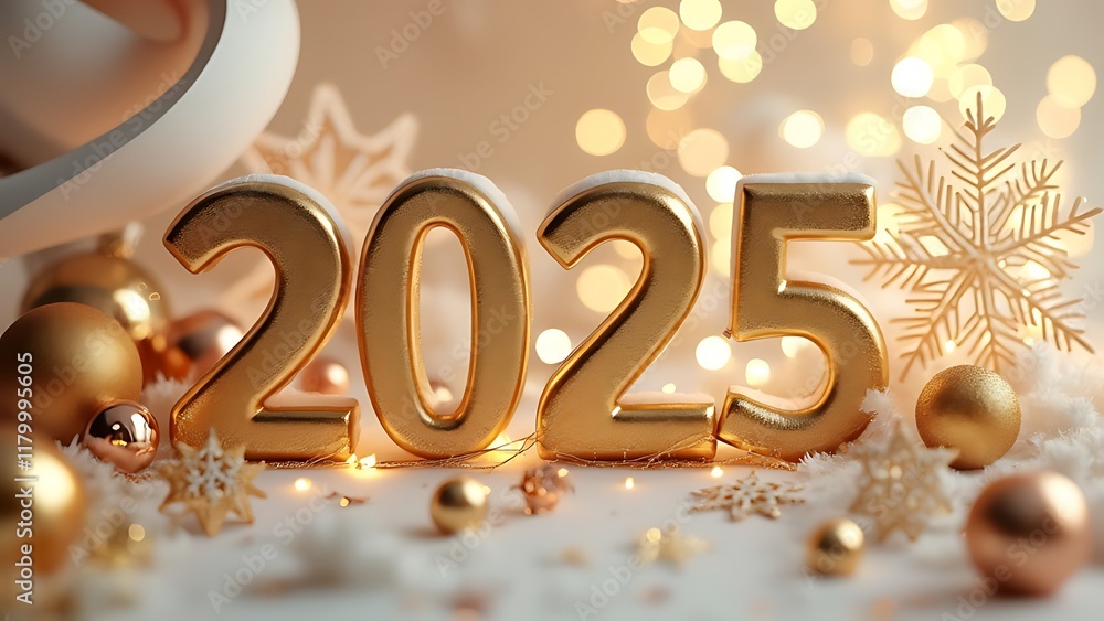 Golden 2025 New Year Celebration Scene, Festive 2025 Decoration with ...
