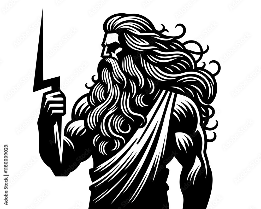 Powerful Zeus figure with beard and long hair, holding thunderbolt in ...