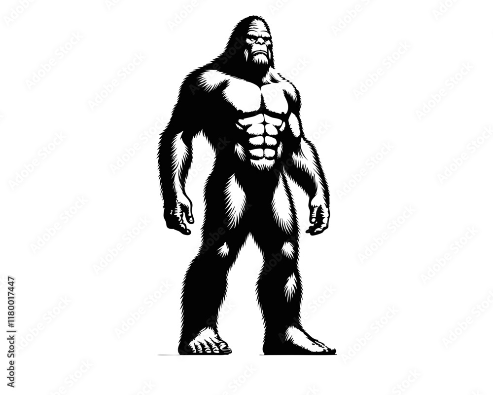 Standing bigfoot figure with muscular build, broad shoulders, and ...