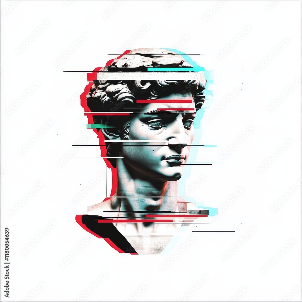 Corrupted modern glitch art style illustration of a classical male head ...