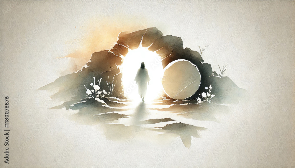 Easter Morning: Jesus rises from the tomb, surrounded by glowing light ...
