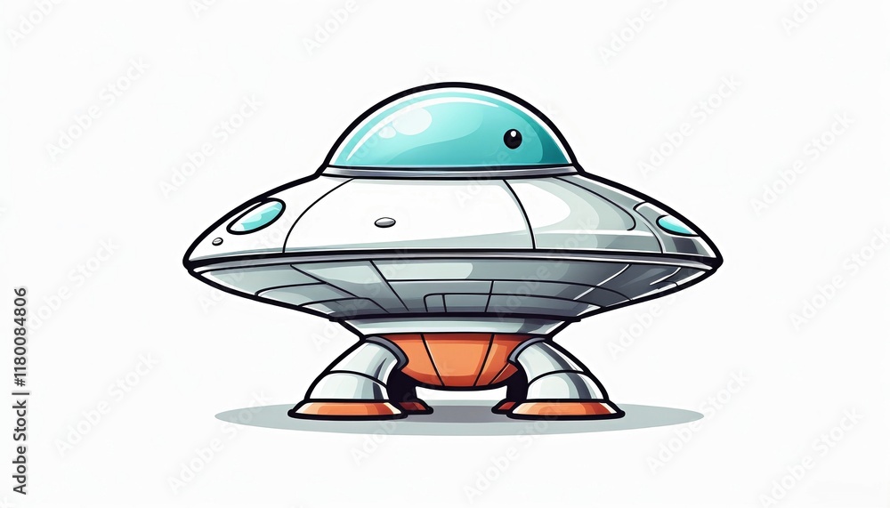 Alien flying object saucer ship standing on legs on landing, on a white ...