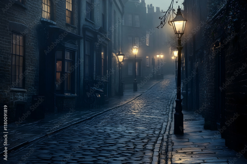 Victorian London street scene with gas lamps and cobblestone pathways ...