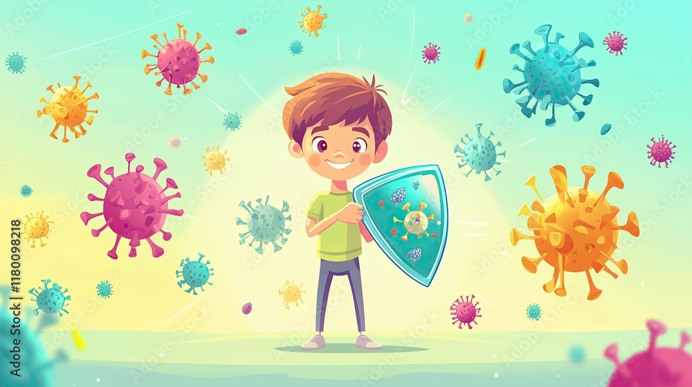 Cartoon illustration of a child with a protective shield in his hands ...