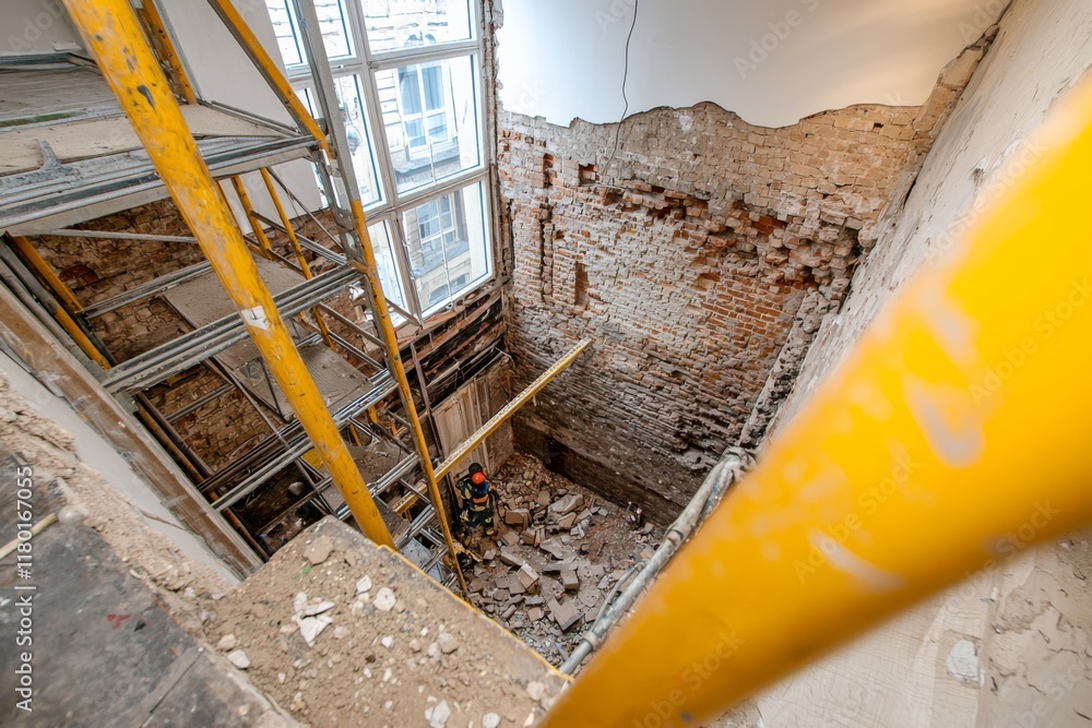 Construction workers performing interior demolition in a building with ...