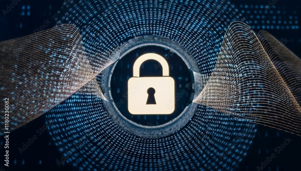Digital security image with a glowing lock symbol on a background with ...