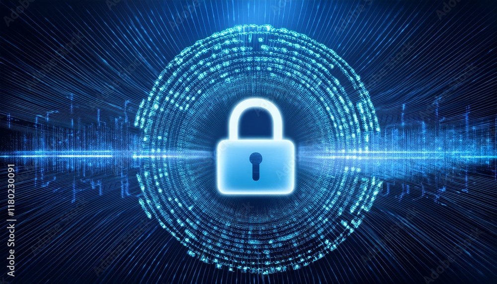 Digital security image with a glowing lock symbol on a background with ...