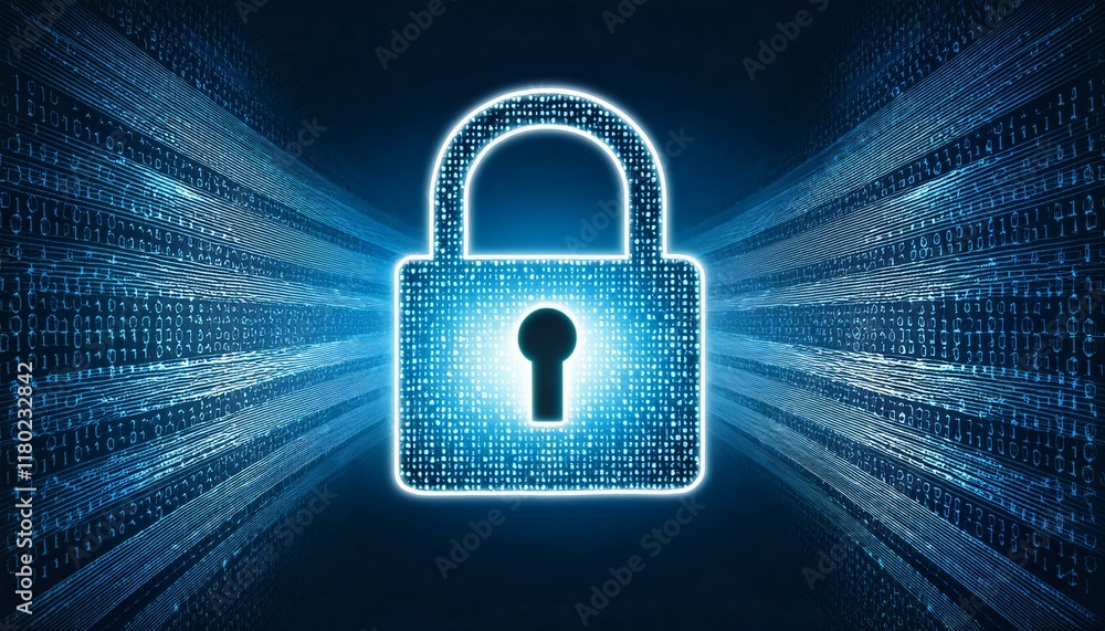 Digital security image with a glowing lock symbol on a background with ...