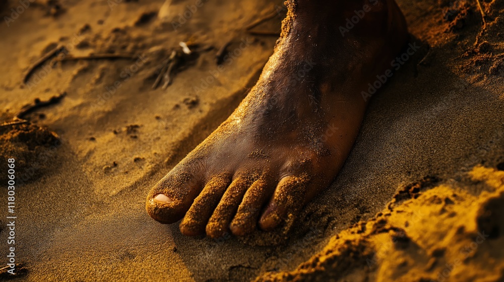 Simple details of a sandy ground and a sandal-clad foot, grounding the ...