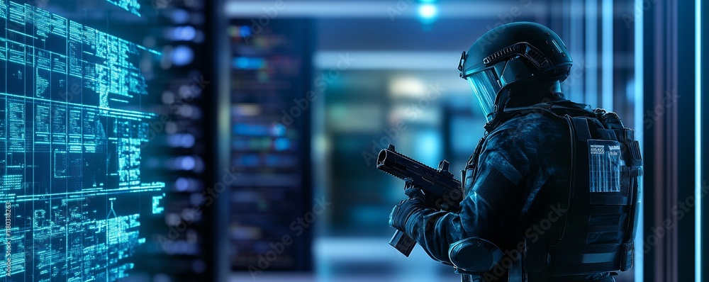 SWAT soldier in data center. Special forces in cyber war. Cybercrime ...