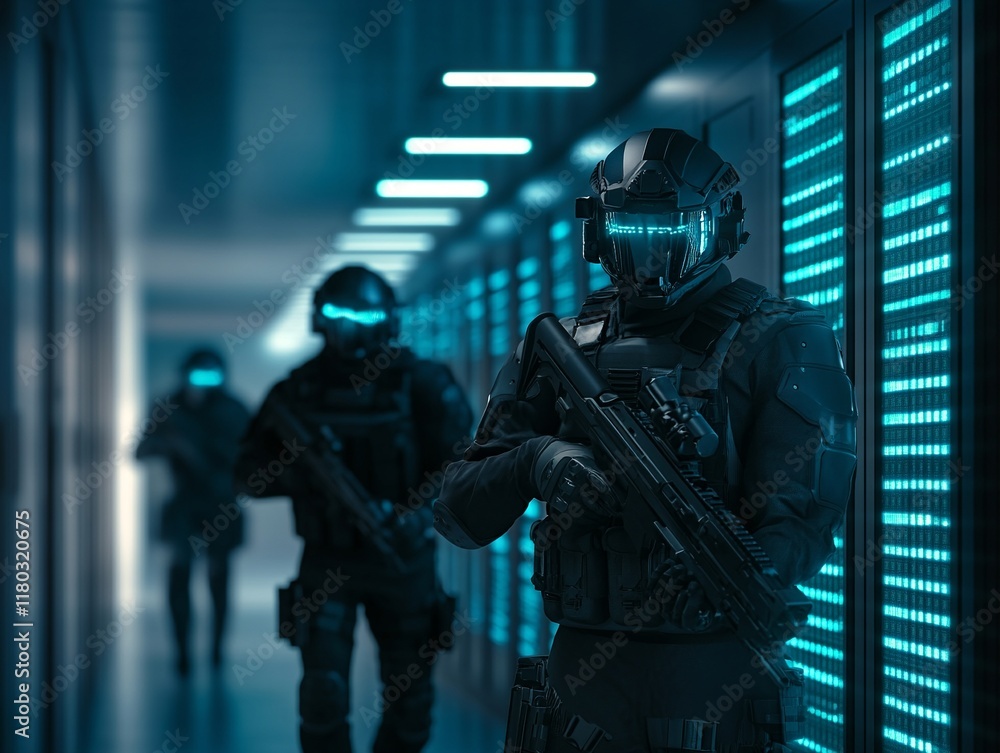 SWAT soldiers team in data center. Special forces in cyber war ...