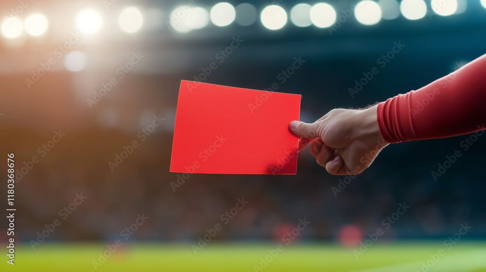 Referee holding red card during football match with blurred background ...