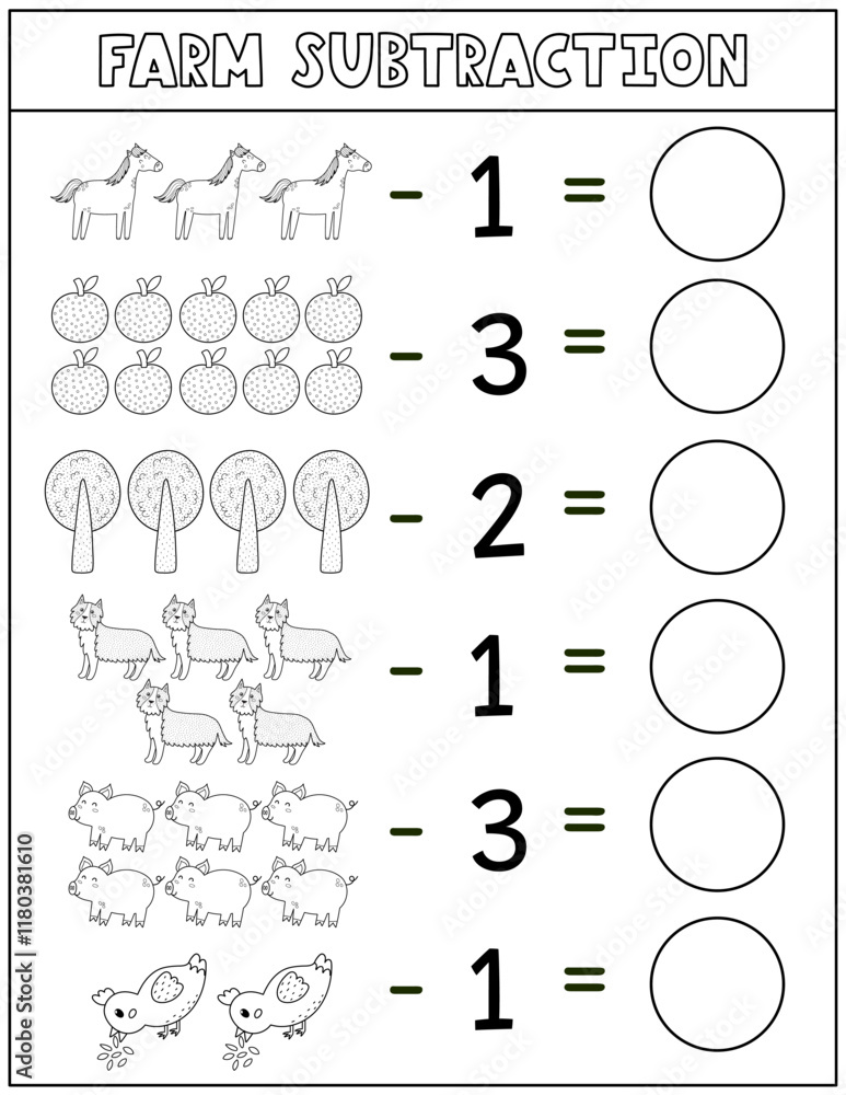 Farm subtraction black and white worksheet for kids. Math activity page ...
