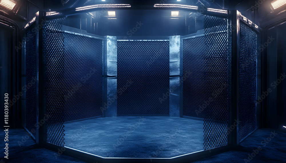 Ilustrace Empty MMA fighting cage, created with AI technology, surreal ...
