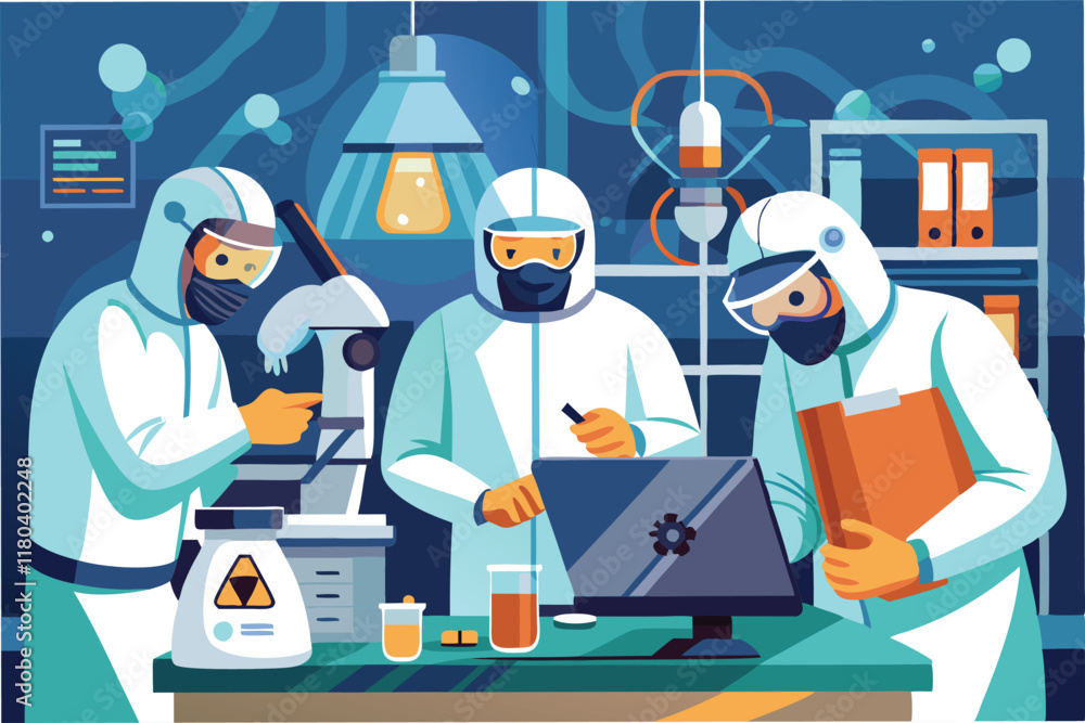 team of scientists in biosafety level 4 lab wearing full hazmat suits ...