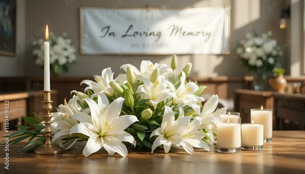 Elegant memorial display with white lilies, candles, and "In Loving ...