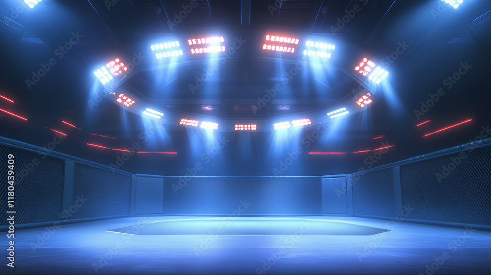 Martial art fighting, judo, karate cage spotlight boxing ring. WWE ...