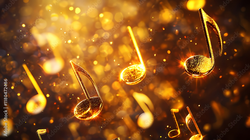 Shiny golden music notes floating in the air, glowing under a soft ...