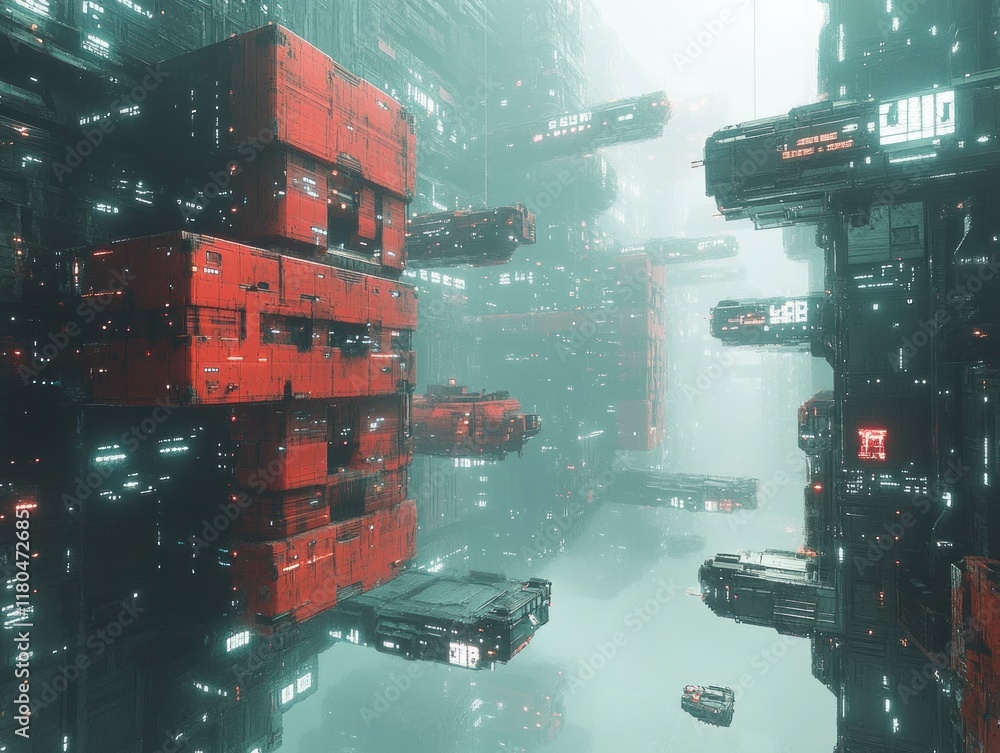 Vast Futuristic Cargo Ecosystem with Modular Structures in a Gigapixel ...