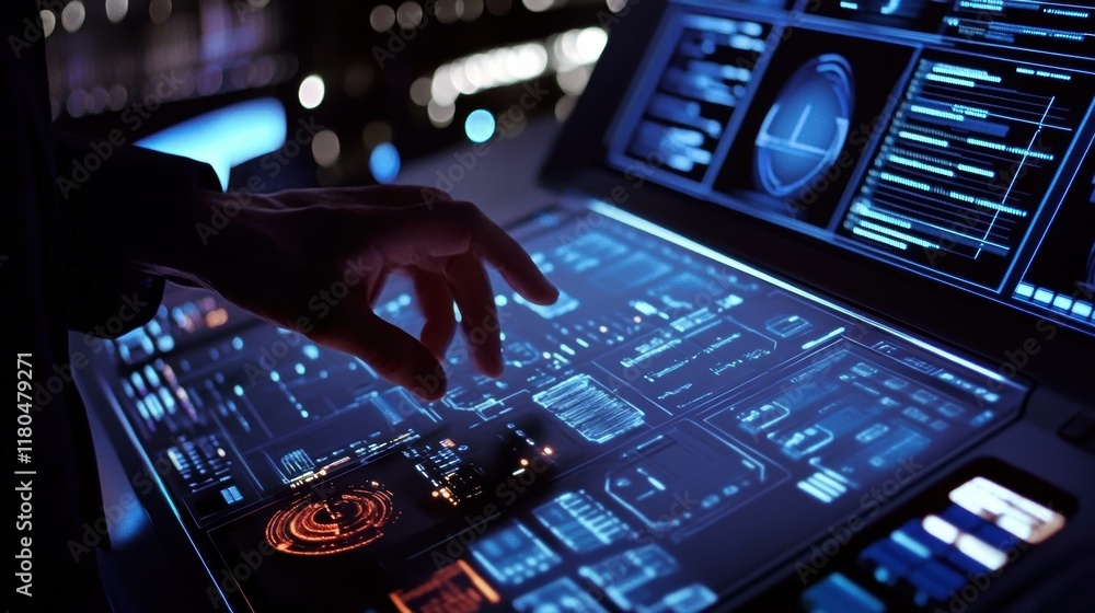 Engineer is analyzing data on a futuristic touchscreen computer interface, working late at night ...