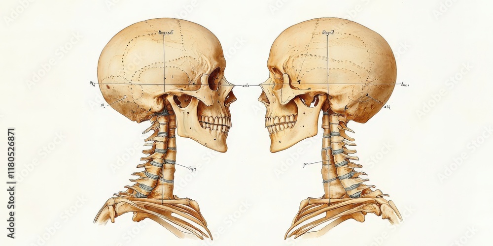 Anatomical Illustration of Human Skull Front and Side Views with ...