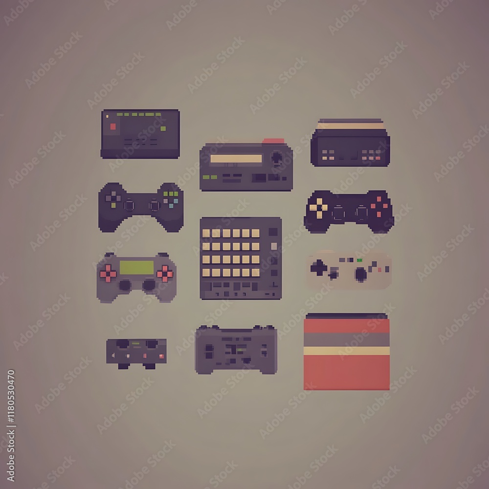Pixel art collection of retro gaming consoles and controllers. Stock ...