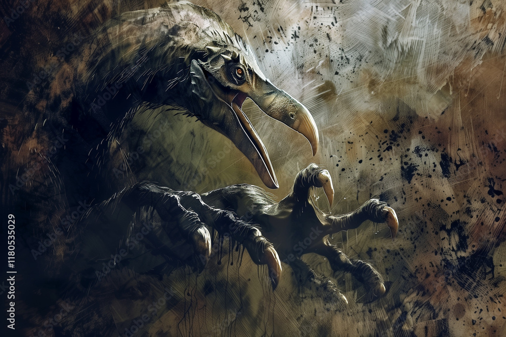 Therizinosaurus clawed herbivore dinosaur in a prehistoric swamp ...