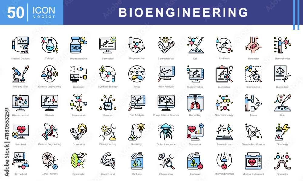 Bioengineering icon set of biomedical, bioluminescence, model, mineral ...