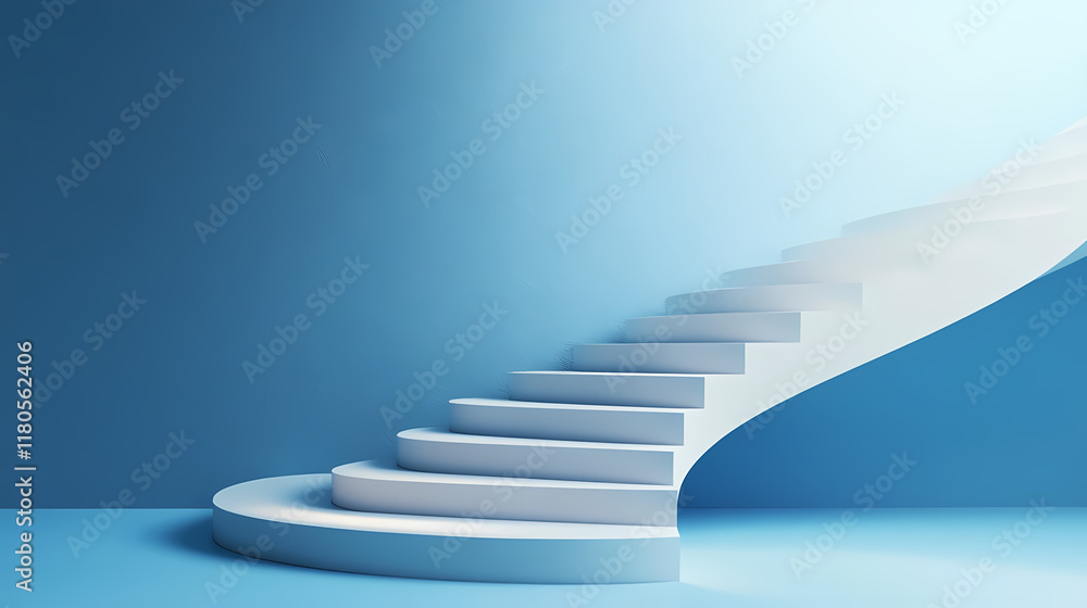 White arrow following the spiral staircase of growth on blue background ...