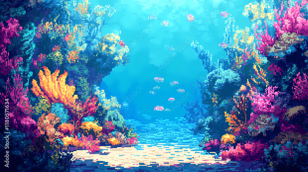 Retro underwater video game scene with vibrant coral reef pixel art ...
