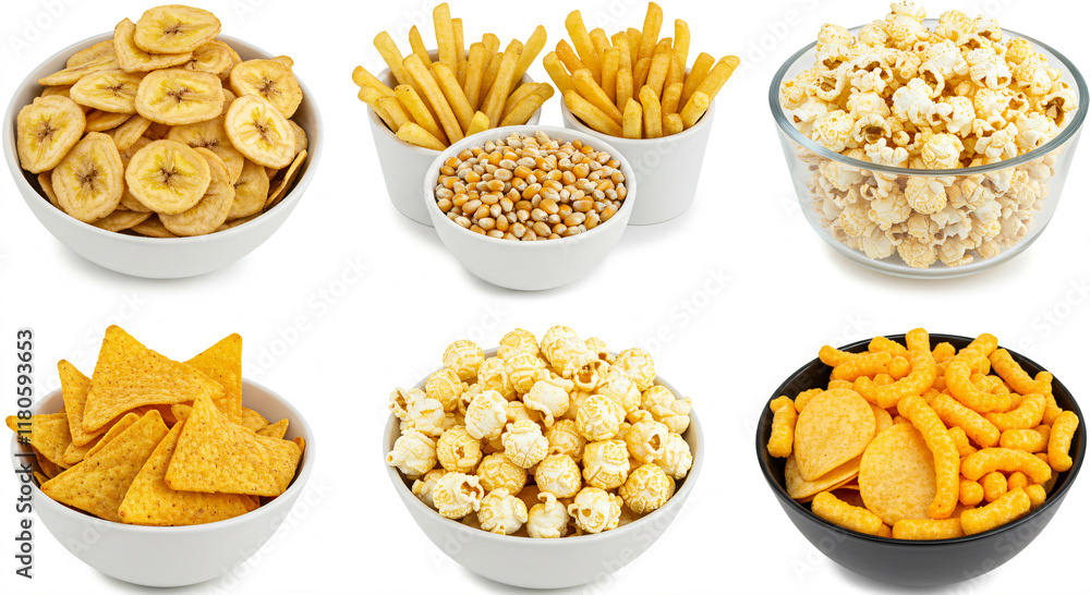 Variety of snacks in bowls banana chips, potato sticks, unpopped corn ...