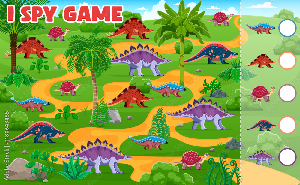 Prehistoric dinosaurs on kids I spy game worksheet, vector dino puzzle ...