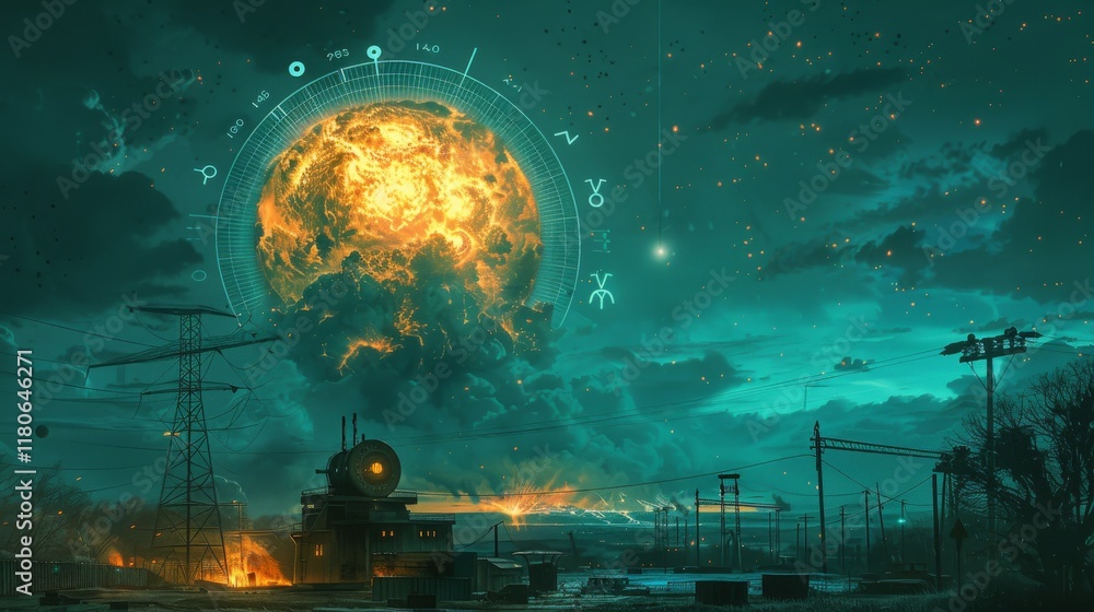 Geiger counter, radiation warning symbols, and a map marked with ...