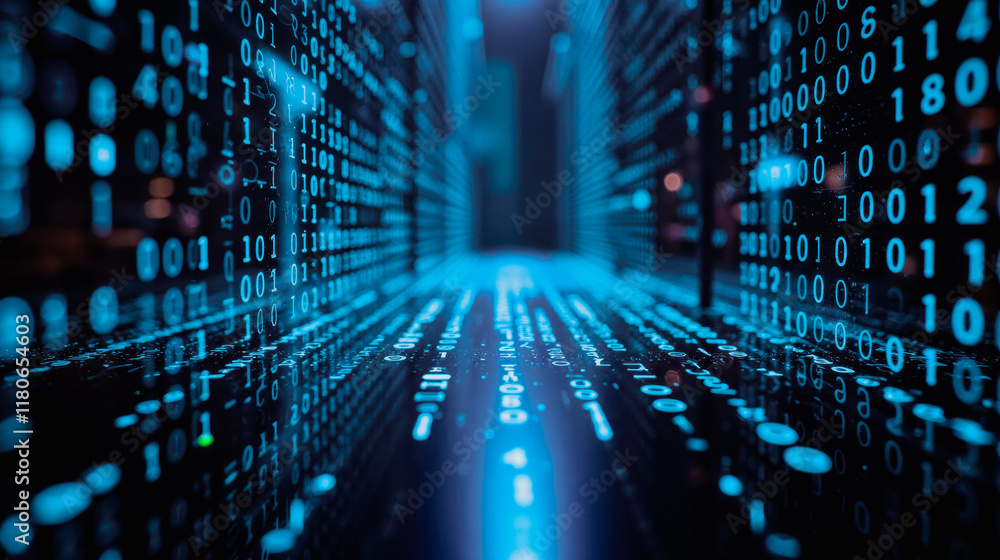 Binary data stream glowing in dark environment, futuristic matrix of ones and zeros, digital ...