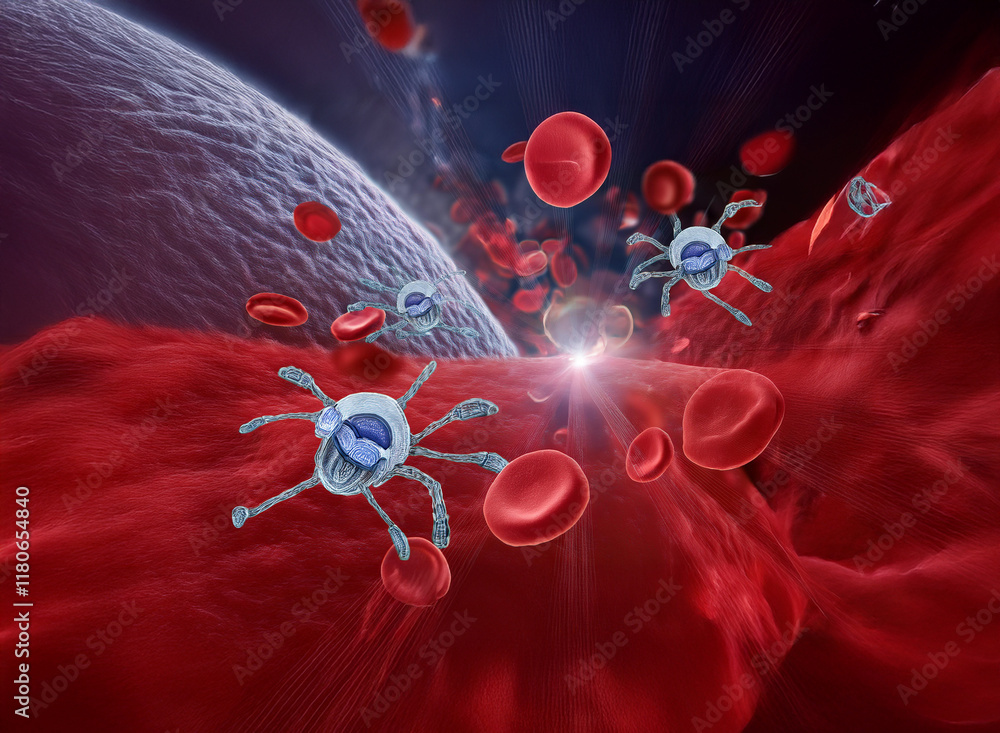 Microscopic medical invaders assault red blood cells within a vein, a ...